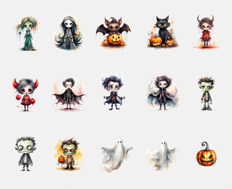 30 Cute Halloween Character Clipart, Watercolor Halloween Clipart ...