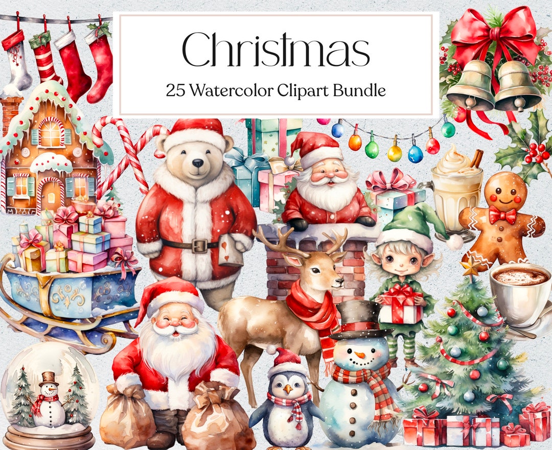 25 Christmas Watercolor Clipart, Watercolor Winter Clipart, Santa ...