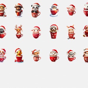Christmas Cup Animals Clipart, Watercolor Christmas Clipart, Cute ...