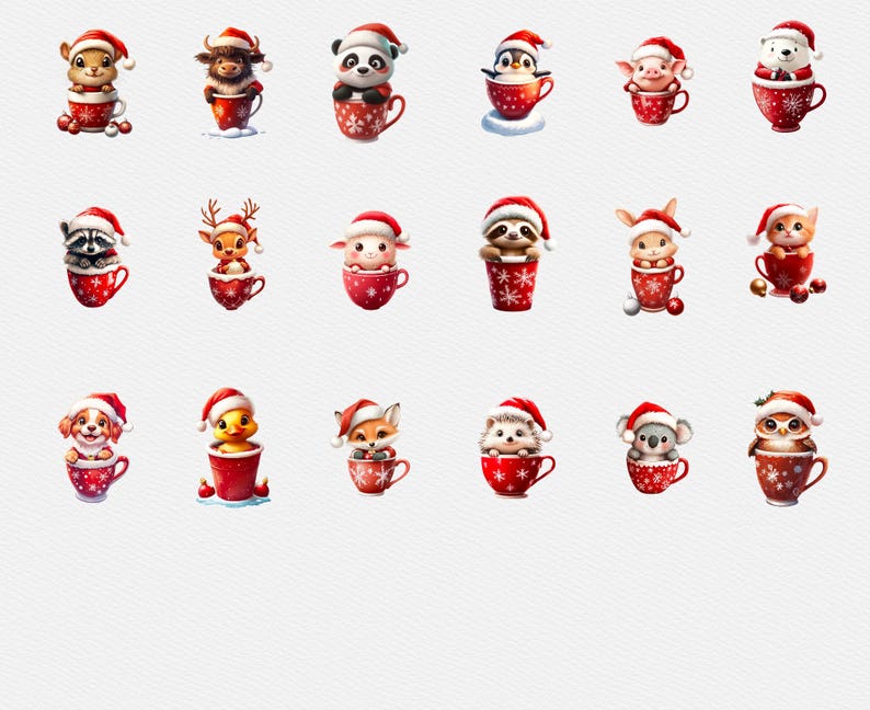 Christmas Cup Animals Clipart, Watercolor Christmas Clipart, Cute ...