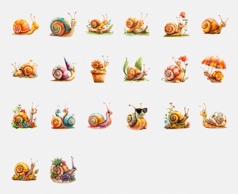 20 Cute Garden Snail Clipart, Watercolor Baby Snail Clipart, Little ...