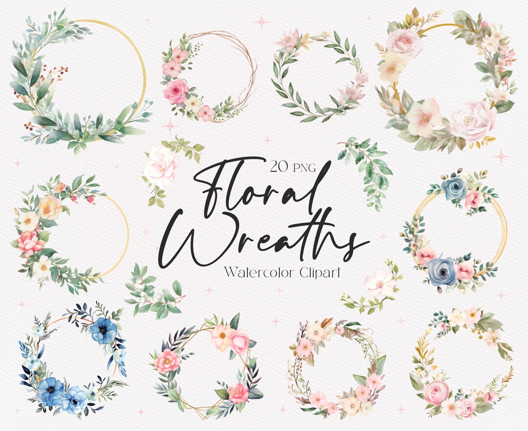 20 Floral Wreath Watercolor Clipart, Flower Frame Clipart, Greenery ...
