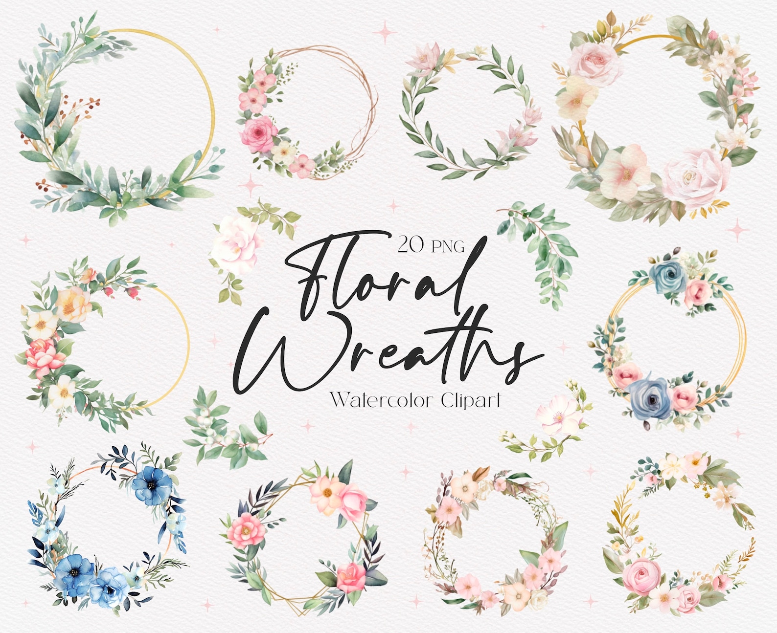 20 Floral Wreath Watercolor Clipart, Flower Frame Clipart, Greenery ...