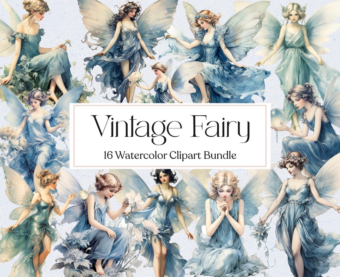 Vintage Fairy Clipart, Watercolor Blue Fairies Clipart, Fantasy Fairy ...