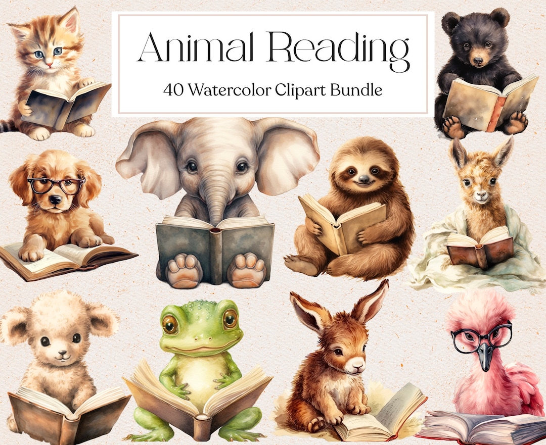 40 Baby Animal Reading Clipart, Watercolor Animal Reading Book, Cute ...
