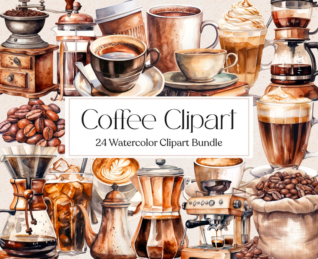 24 Watercolor Coffee Clipart, Drinks Clipart, Espresso, Coffe Sticker ...