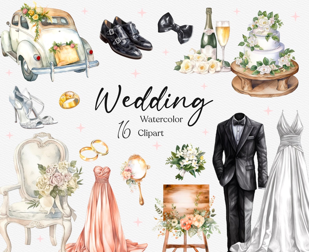 16 Watercolor Wedding Clipart, Bride Clip Art, Wedding Elements ...