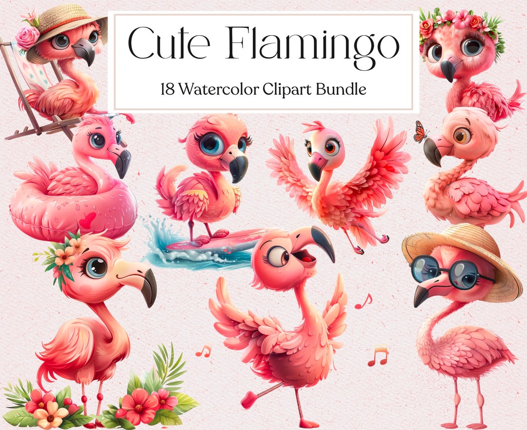 18 Cute Flamingo Clipart, Watercolor Flamingo Clipart, Tropical Bird ...
