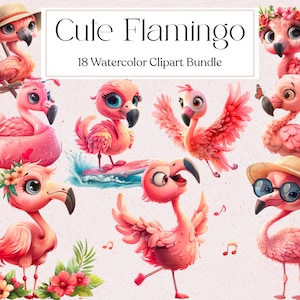 18 Cute Flamingo Clipart, Watercolor Flamingo Clipart, Tropical Bird ...