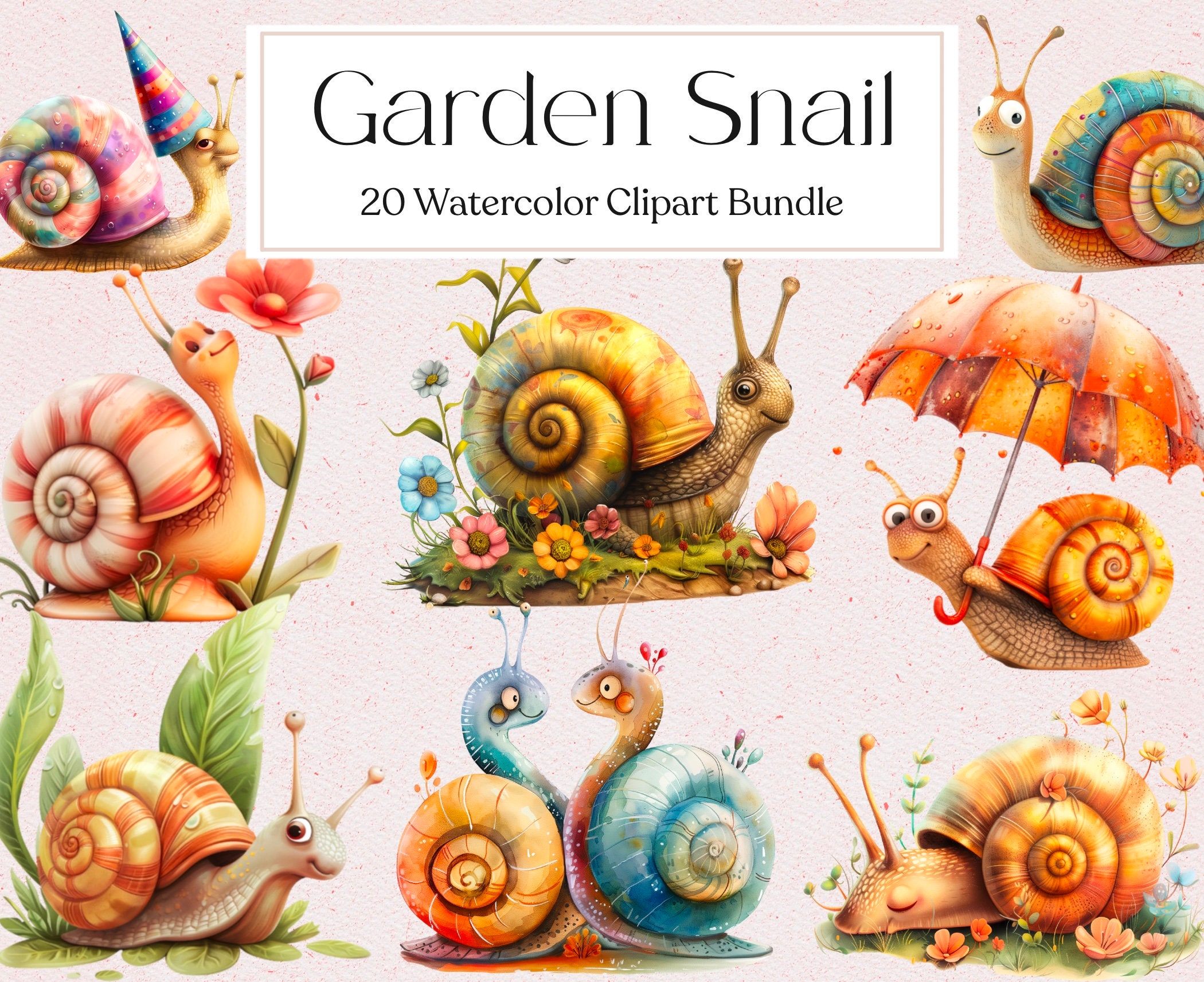 20 Cute Garden Snail Clipart, Watercolor Baby Snail Clipart, Little ...