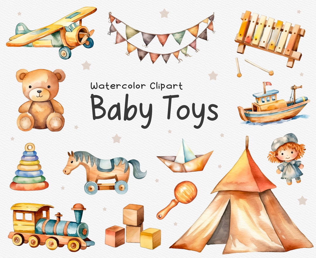 20 Watercolor Baby Toys Clipart, Baby Shower Clipart, Birthday Clipart ...