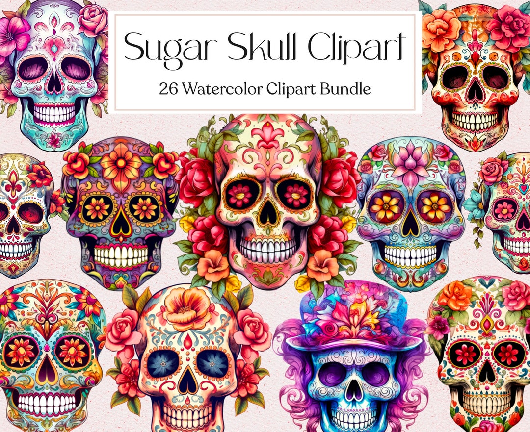 26 Sugar Skull Watercolor Clipart, Day of the Dead Clipart, Calavera ...