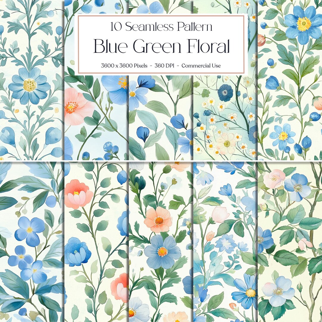 Seamless Blue Green Floral Digital Paper, Watercolor Floral ...