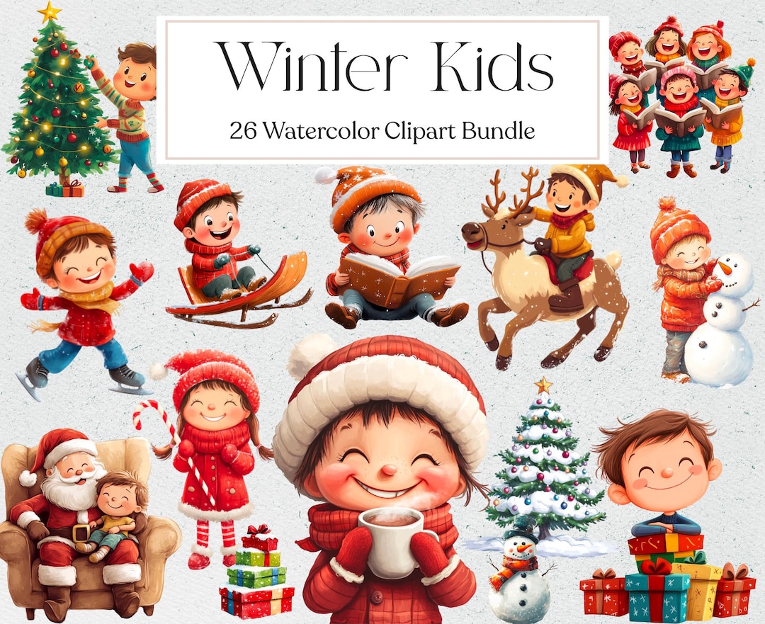 26 Winter Kids Clipart, Watercolor Christmas Kids Clipart, Cute Kids ...