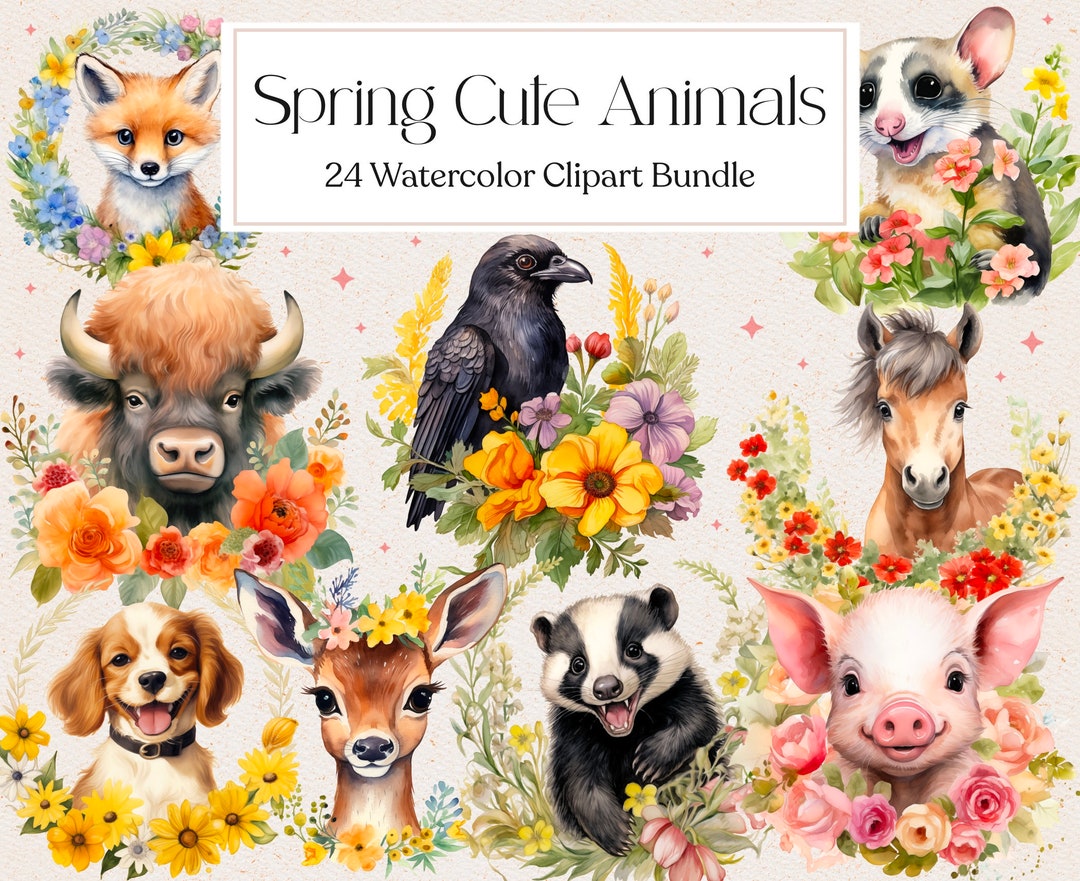 24 Watercolor Spring Flowers Cute Animals Clipart, Baby Animals Clipart ...