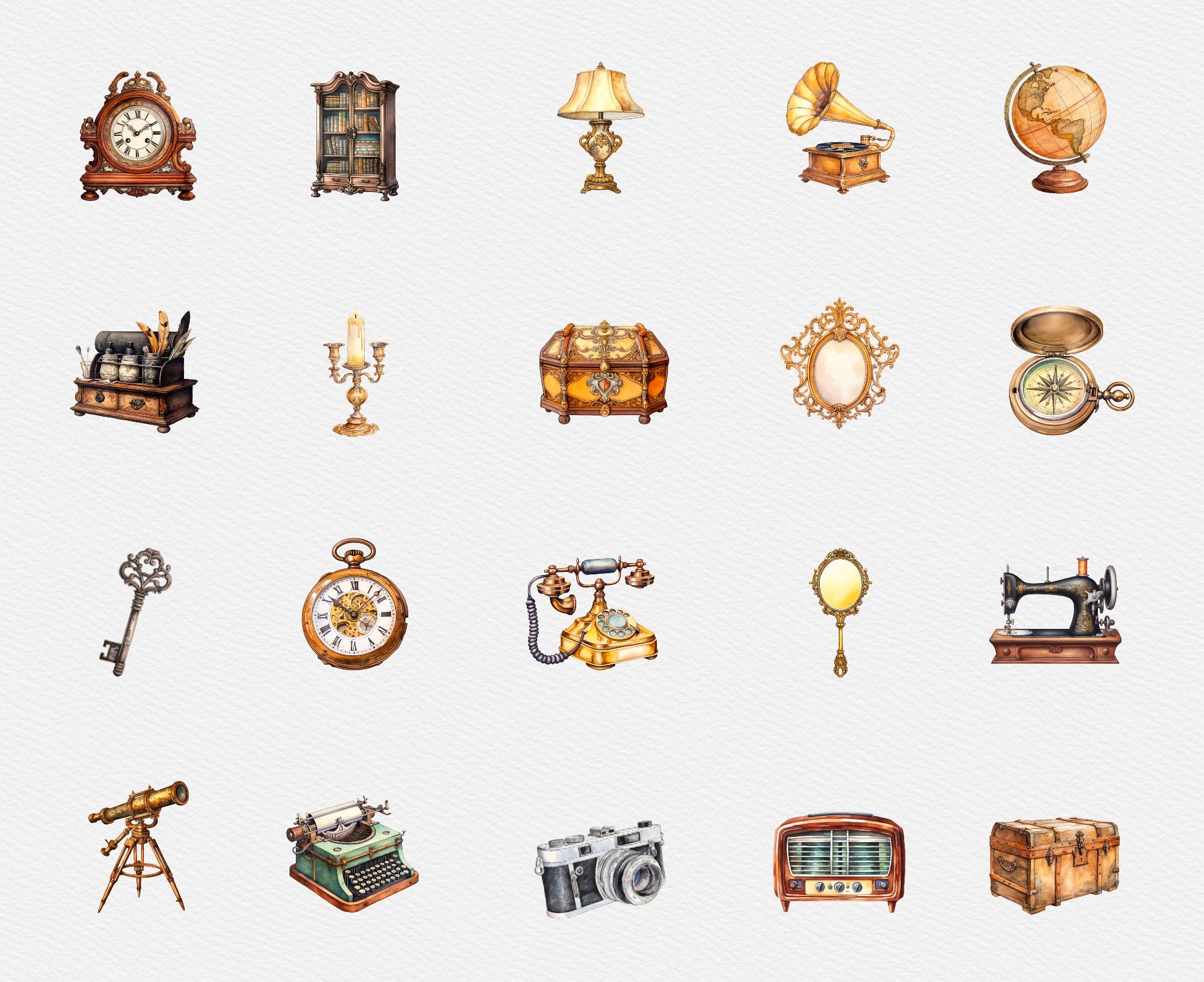 20 Watercolor Antique Clipart, Vintage Watercolor Png, Vintage Items ...