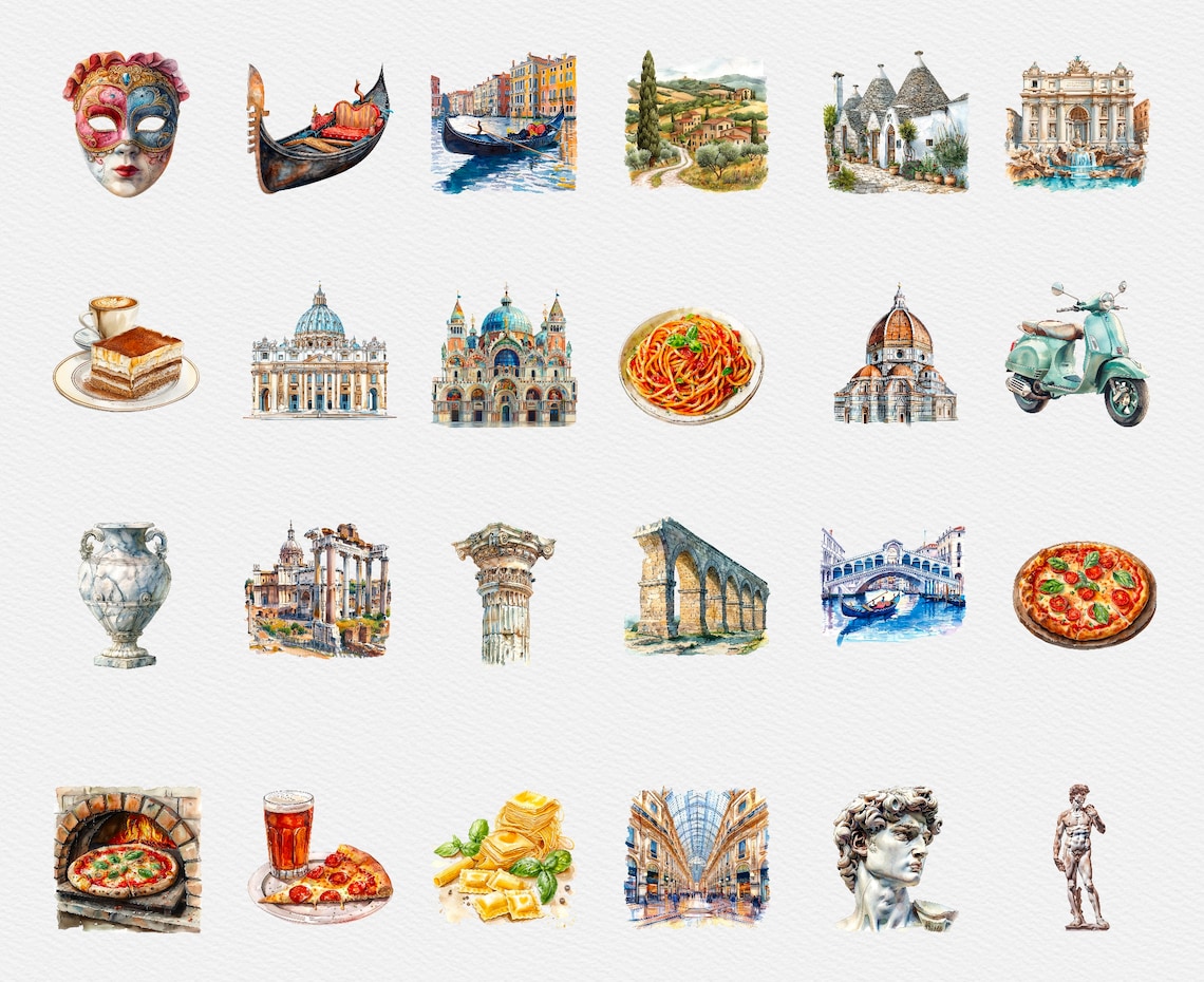 38 Italy Watercolor Clipart, Travel Clipart, Italian Landmarks, Rome ...