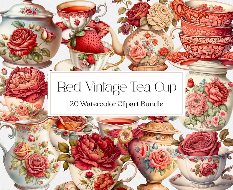 20 Watercolor Red Vintage Tea Clipart, Garden Tea Clipart, Tea Party ...