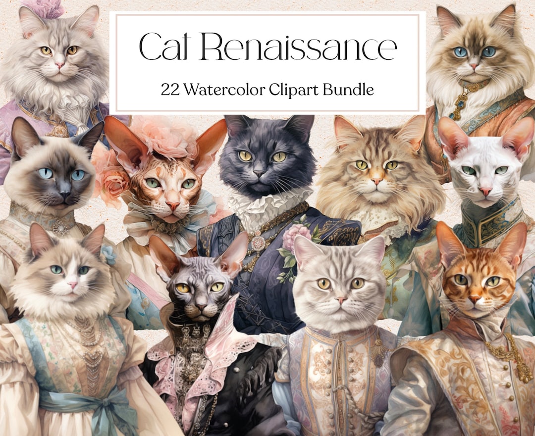 22 Cat Renaissance Clipart, Cat Potrait, Watercolor Vintage Cat, Cat ...
