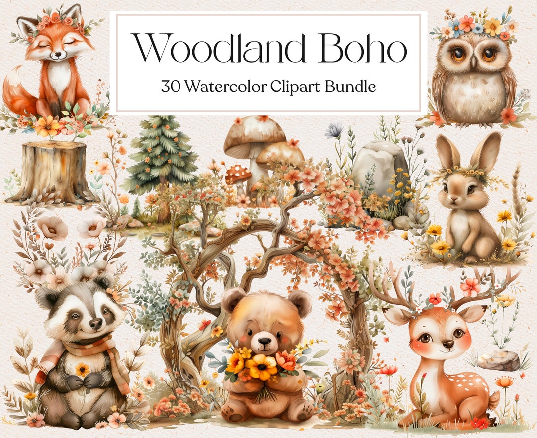 30 Woodland Boho Watercolor Clipart, Watercolor Woodland Animals ...