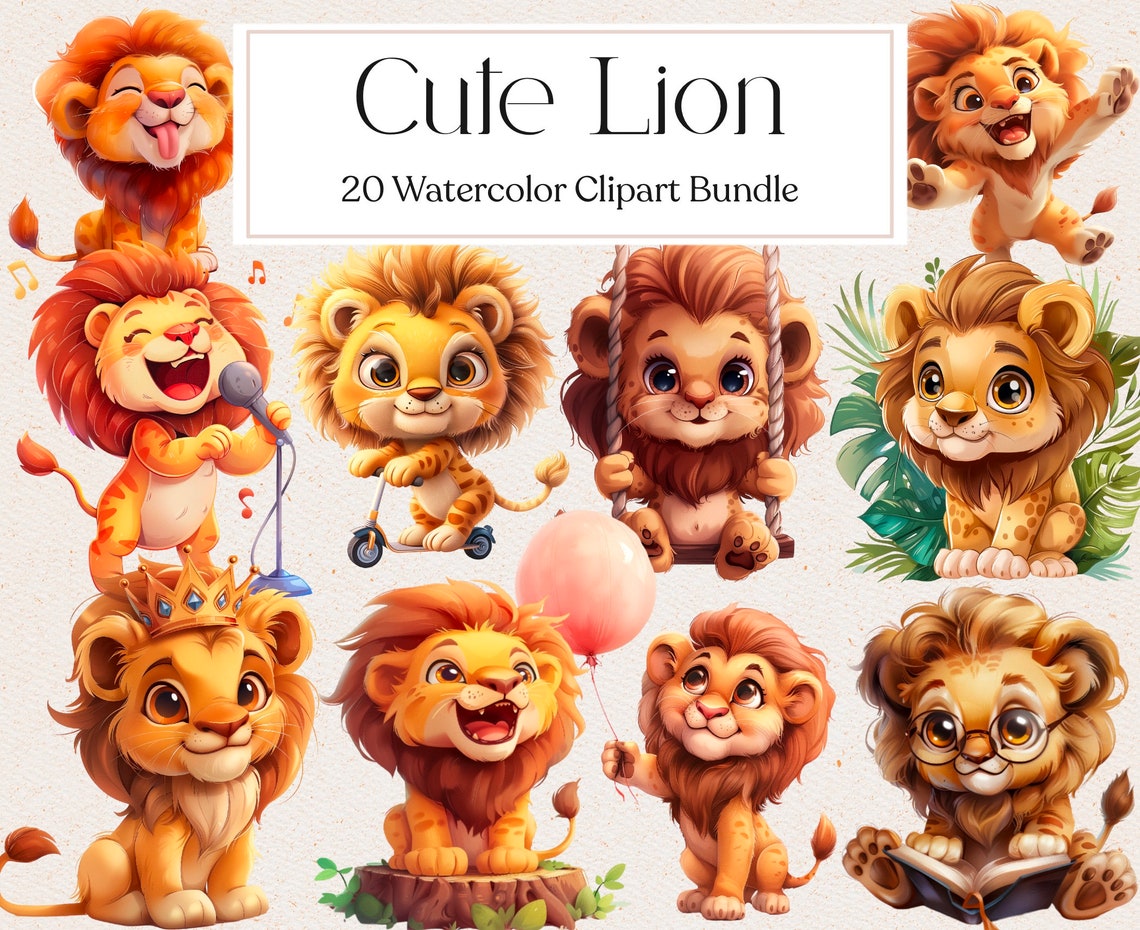 20 Cute Lion Clipart, Watercolor Baby Lion Clipart, Safari Clipart ...