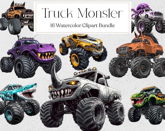 Watercolor Monster Trucks 42 PNG, Monster Cars Clipart Bundle, Monster ...