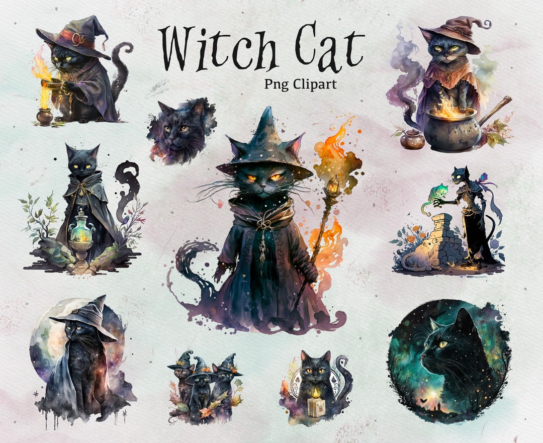 25 Witch Cat Clipart, Celestial Black Cat Clipart, Cat Png, Magic ...