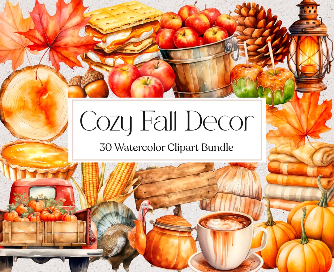 30 Watercolor Fall Decor Clipart, Cozy Decor Autumn Clipart, Fall ...