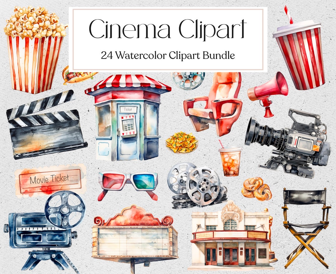 24 Cinema Watercolor Clipart, Watercolor Movie Theater Clipart, Popcorn ...