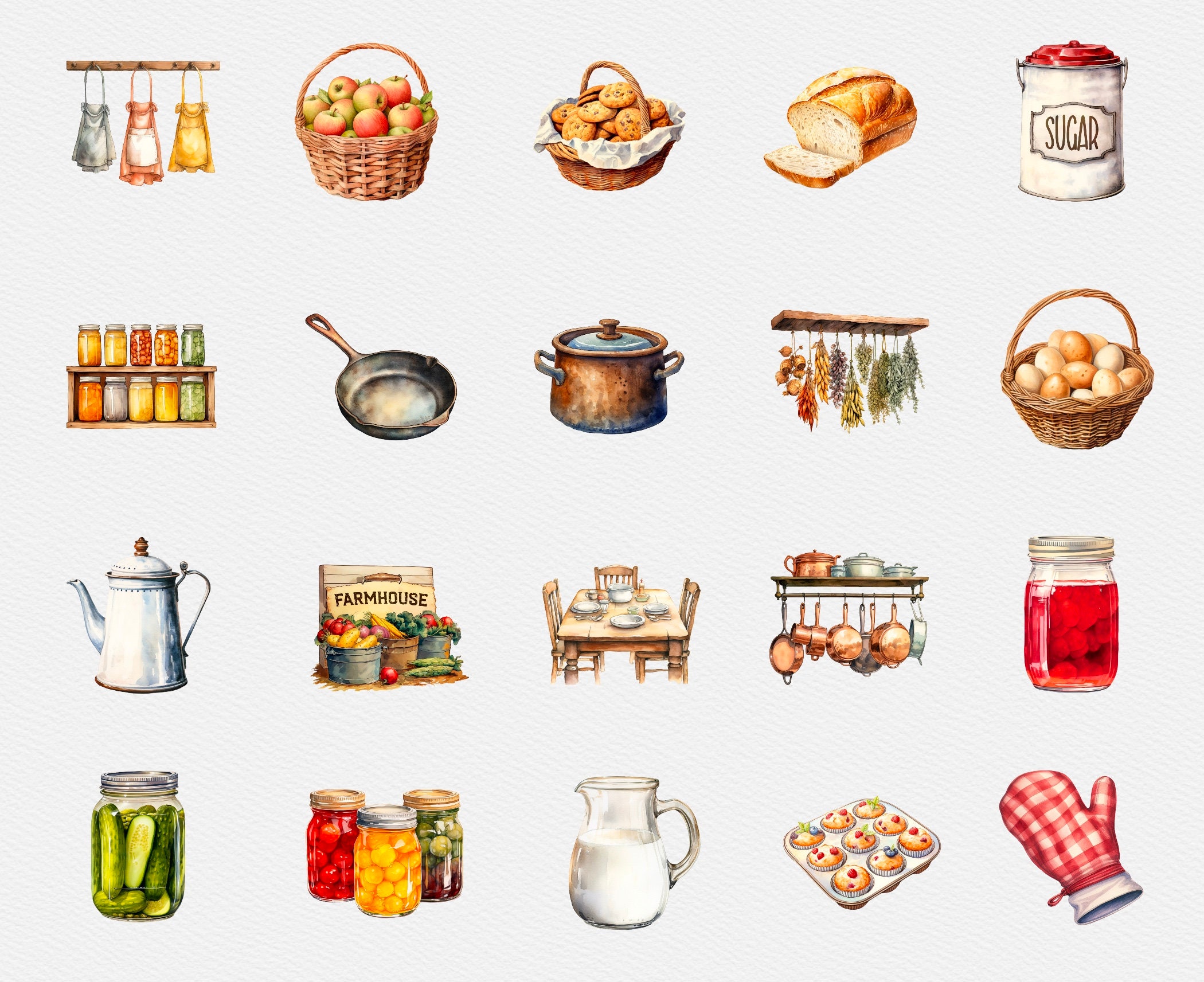 40 Farmhouse Kitchen Clipart, Watercolor Country Kitchen Clipart ...
