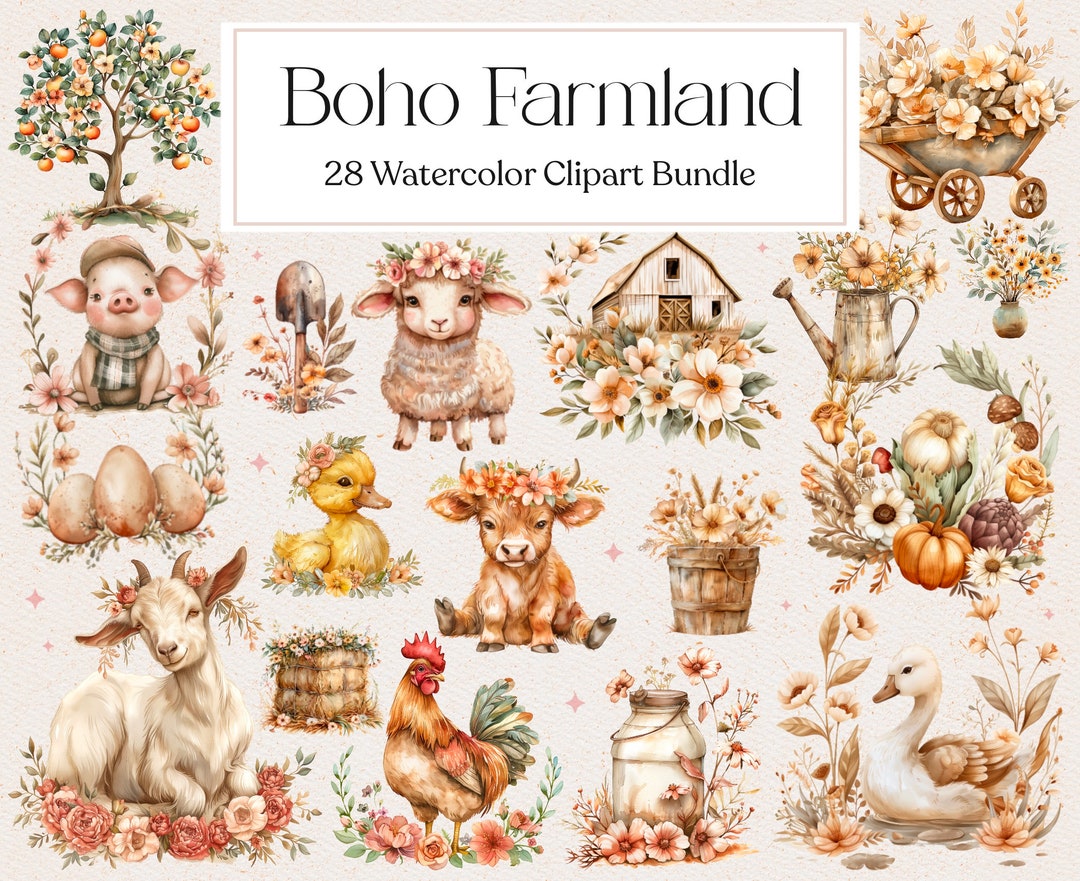 28 Boho Farmland Watercolor Clipart, Farmhouse Clipart, Animals Farm ...
