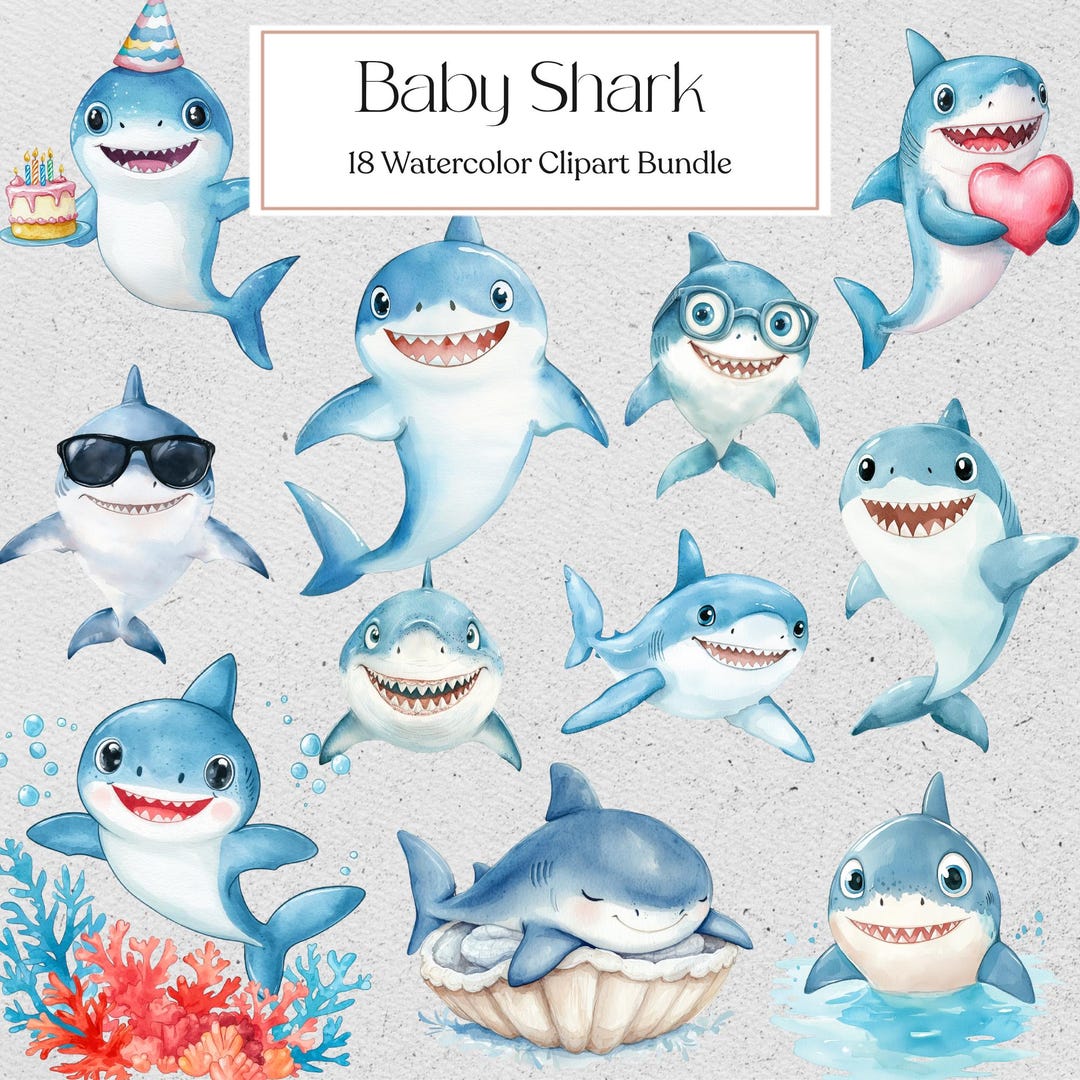 Watercolor Baby Shark Clipart, Cute Shark Graphic, Baby Shark Nursery ...
