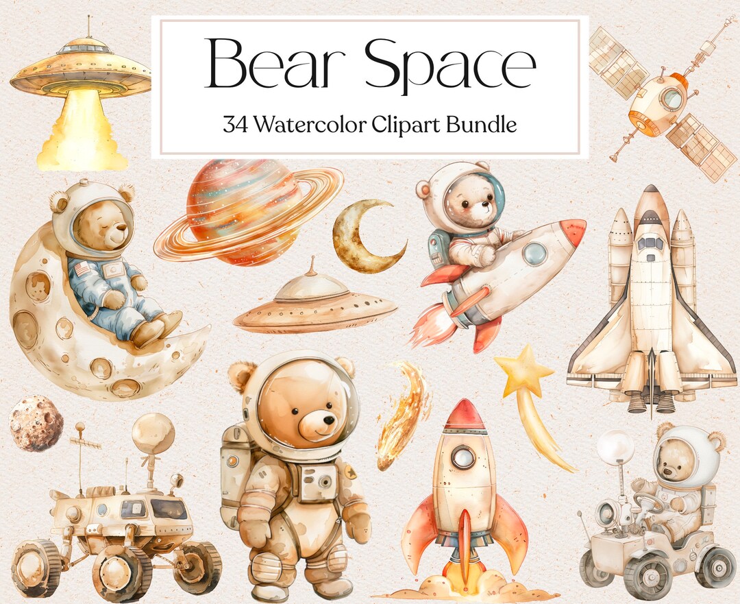 34 Cute Space Bear Clipart, Watercolor Cute Bear Astronaut Clip Art ...