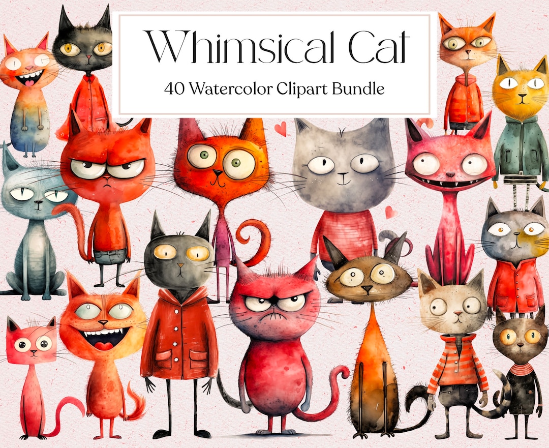 Whimsical Cat Clipart, Watercolor Cute Cat Clipart, Magic Cat Png ...