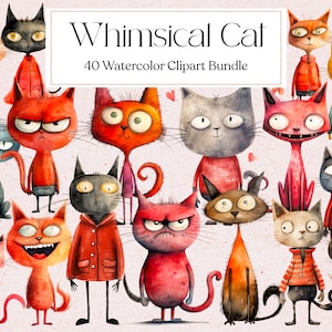Whimsical Cat Clipart, Watercolor Cute Cat Clipart, Magic Cat Png ...