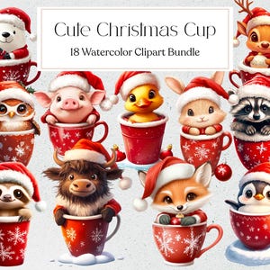 Christmas Cup Animals Clipart, Watercolor Christmas Clipart, Cute ...