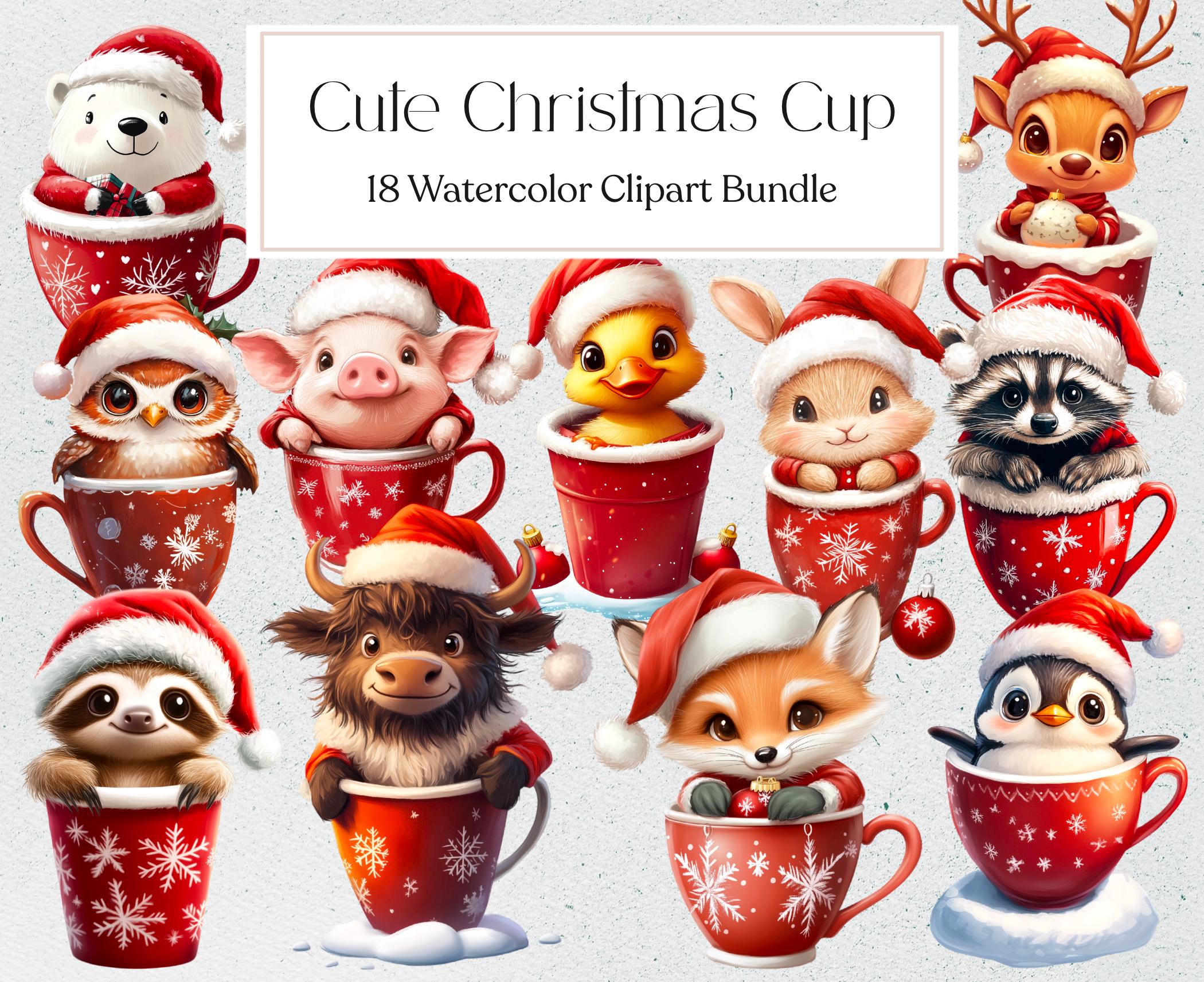 Christmas Cup Animals Clipart, Watercolor Christmas Clipart, Cute ...