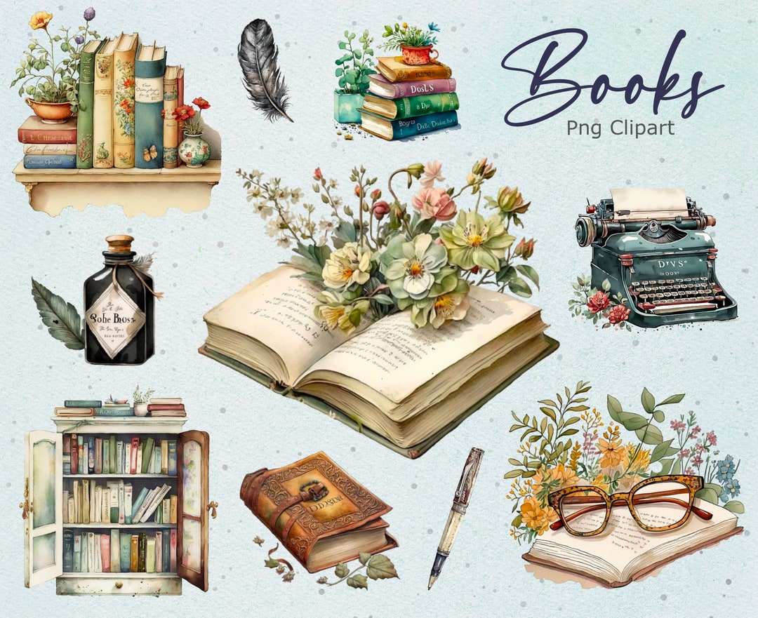 16 Vintage Books Clipart, Watercolor Books Png, Library Clipart ...