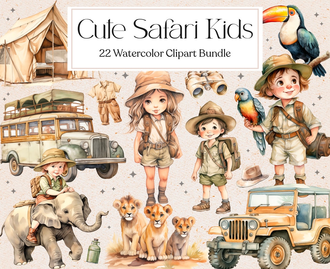 Cute Safari Kids Clipart, Watercolor Safari Clipart, Safari Animals Png ...