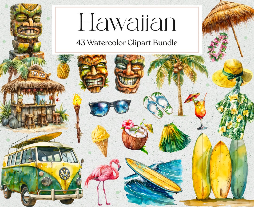 43 Hawaiian Clipart, Watercolor Hawaii Clipart, Luau Graphic, Summer ...