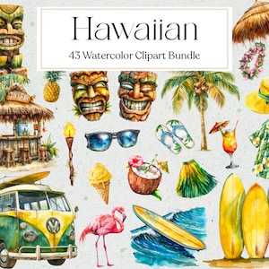 43 Hawaiian Clipart, Watercolor Hawaii Clipart, Luau Graphic, Summer ...