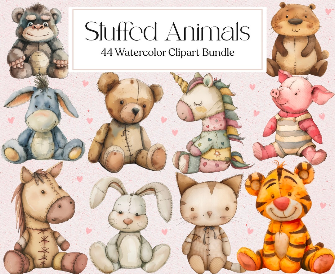 44 Vintage Cute Stuffed Animals Clipart, Watercolor Animals Doll ...