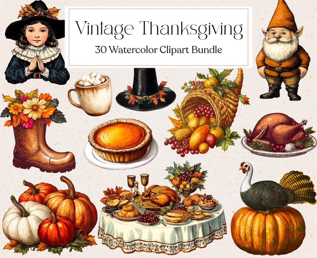 Vintage Thanksgiving Clipart, Watercolor Autumn Clipart, Turkey PNG ...