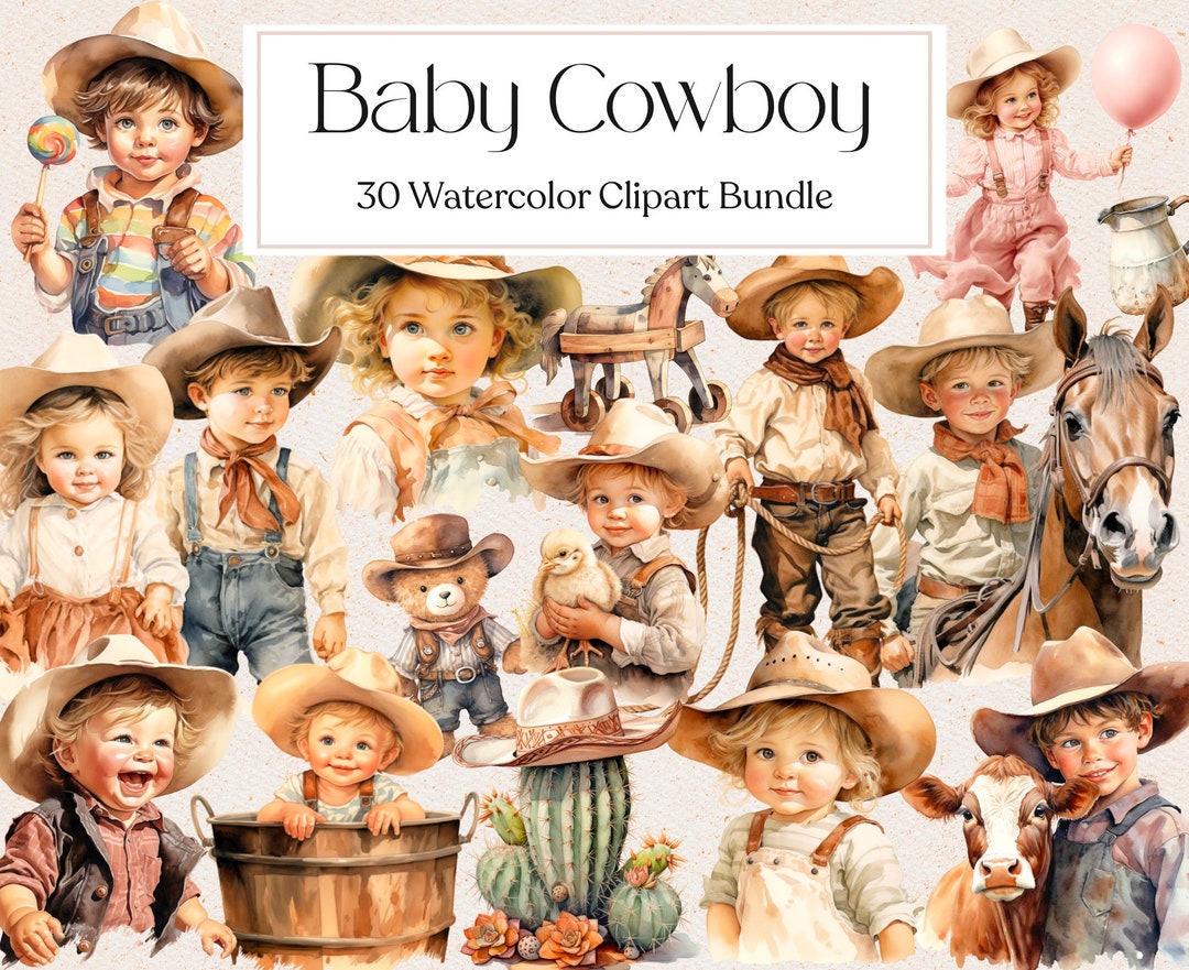 30 Baby Cowboy Clipart, Watercolor Kid Cowboy, Western Clipart, Nursery ...