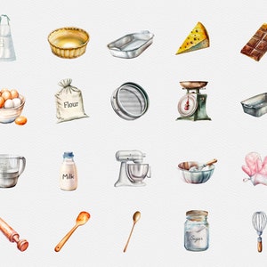 20 Baking Supplies Clipart, Watercolor Baking, Kitchen Utensils ...