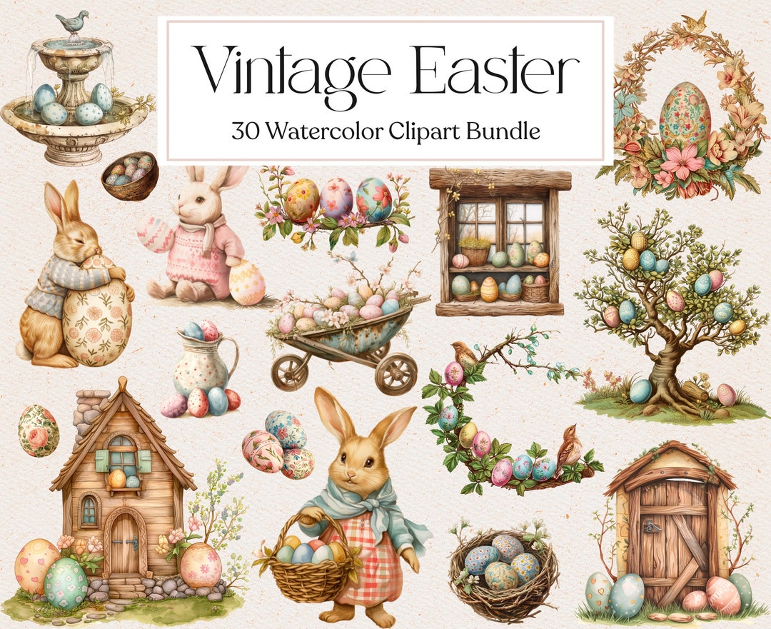 30 Vintage Easter Watercolor Clipart, Easter Egg Clipart, Vintage Junk ...