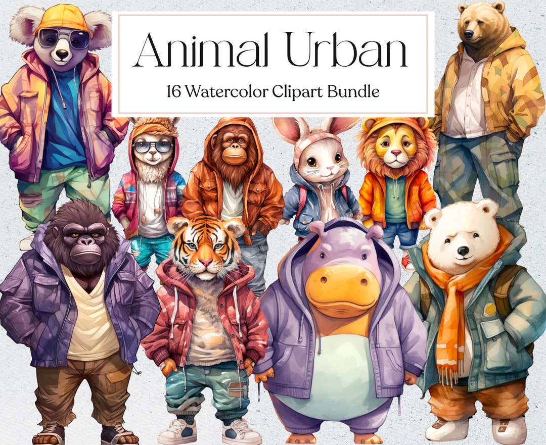 16 Animals Urban Streetwear Clipart, Animal Cool Characters Clipart ...