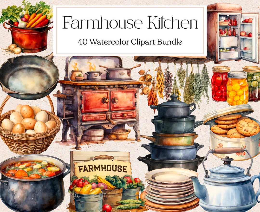 40 Farmhouse Kitchen Clipart, Watercolor Country Kitchen Clipart ...