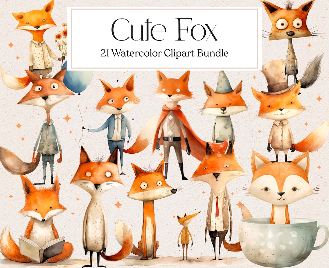 Watercolor Cute Fox Clipart, Whimsical Fox Clipart, Cute Animal Png ...
