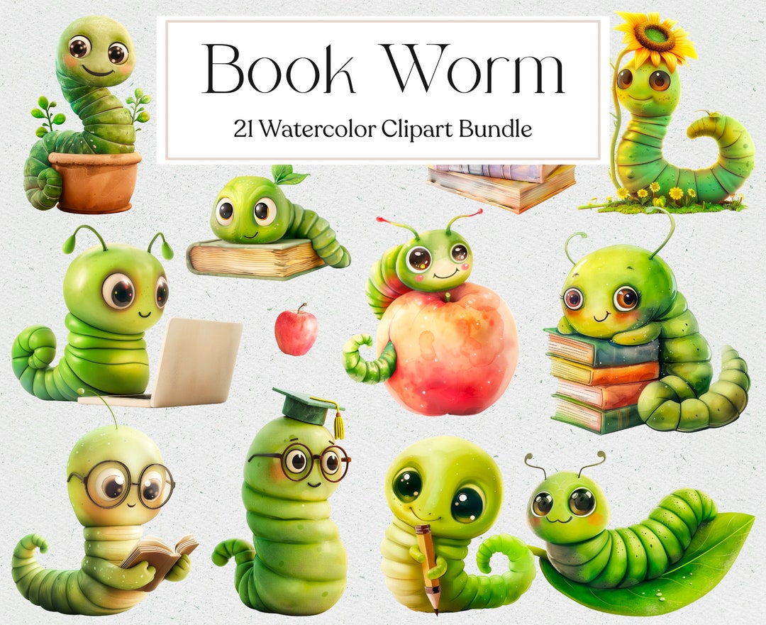 21 Cute Book Worm Clipart, Watercolor Caterpillar Clipart, Cute Green ...